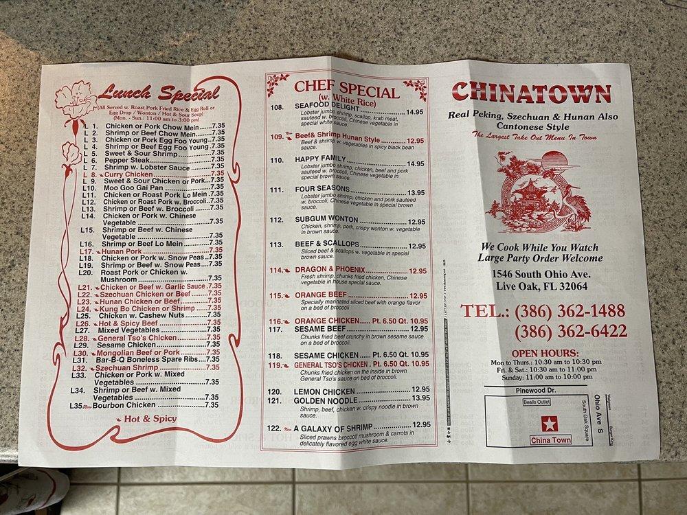 Menu at Chinatown restaurant, Live Oak