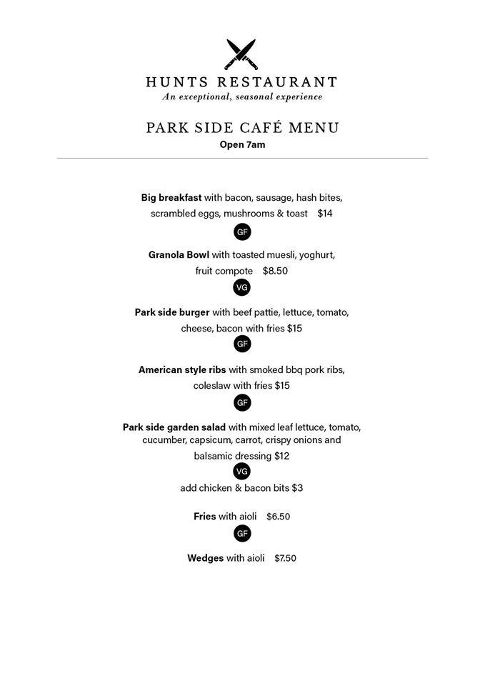 Menu at Hunts Restaurant, Lower Hutt