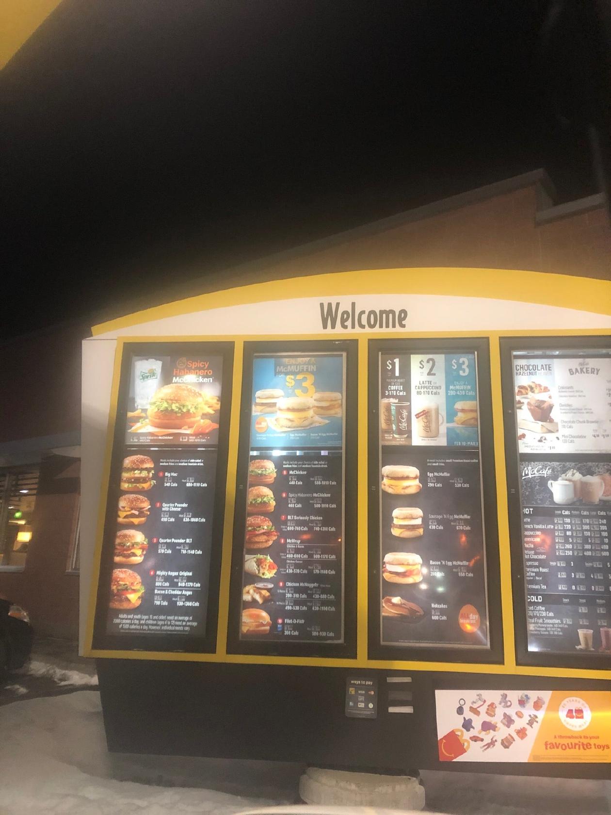 Menu at McDonald's fast food, Ottawa, 4416 Innes Rd