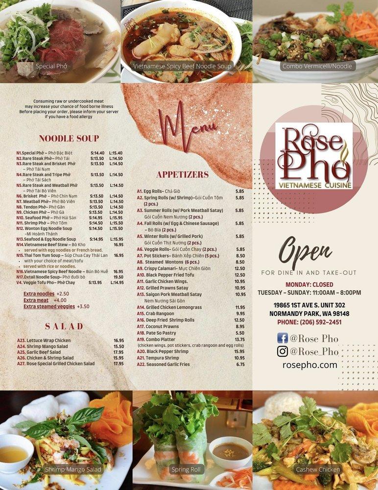 Menu at Rose Pho restaurant, Normandy Park