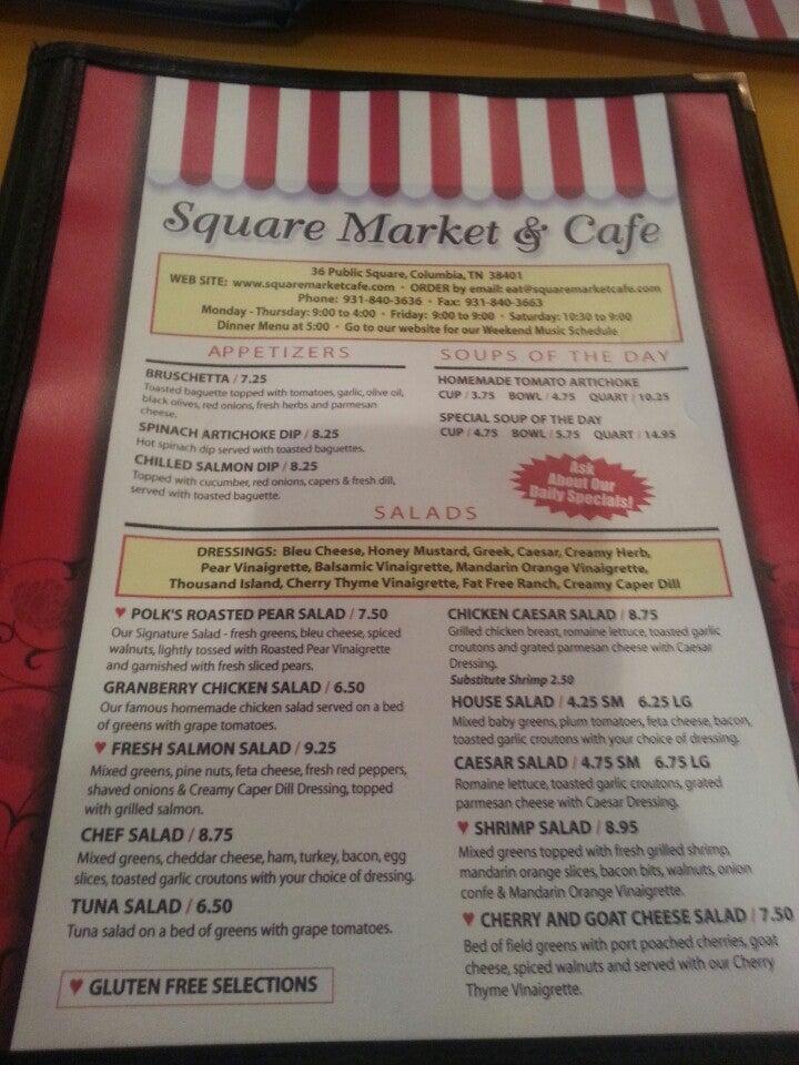 Menu at Square Market & Cafe, Columbia
