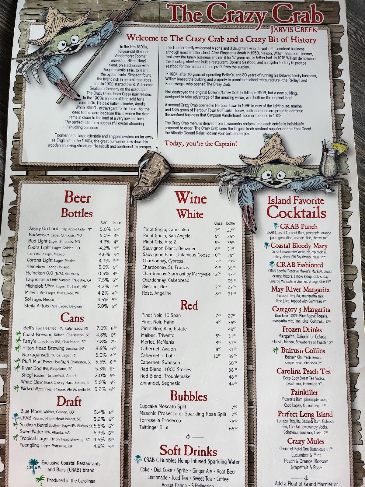 Menu at The Crazy Crab Jarvis Creek restaurant, Hilton Head Island