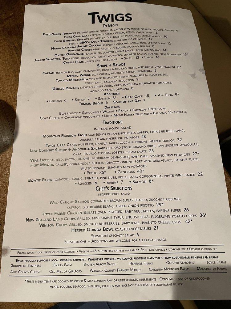 Menu at Twigs pub & bar, Blowing Rock