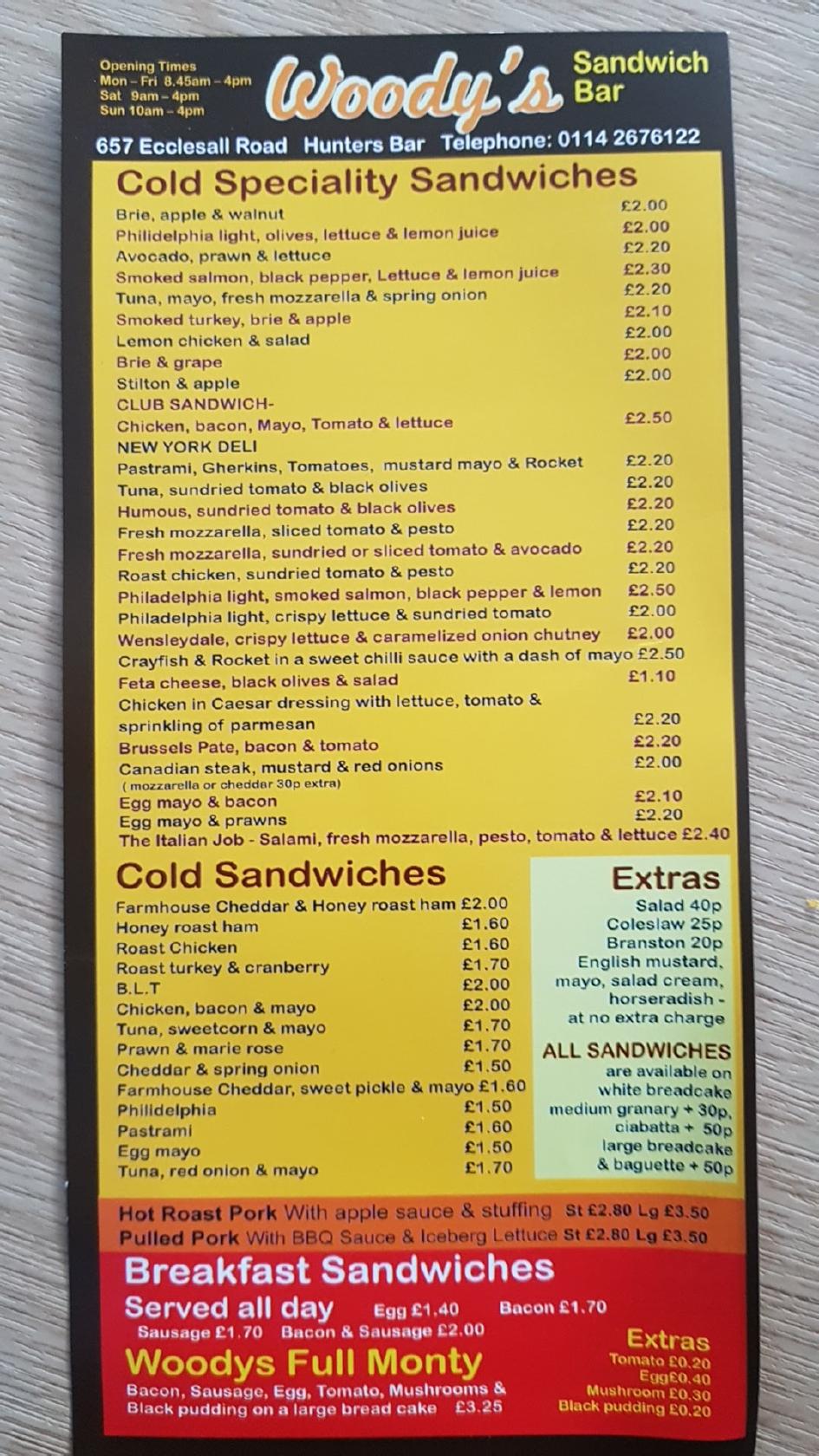 Menu at Woodys Sandwich Bar, Sheffield