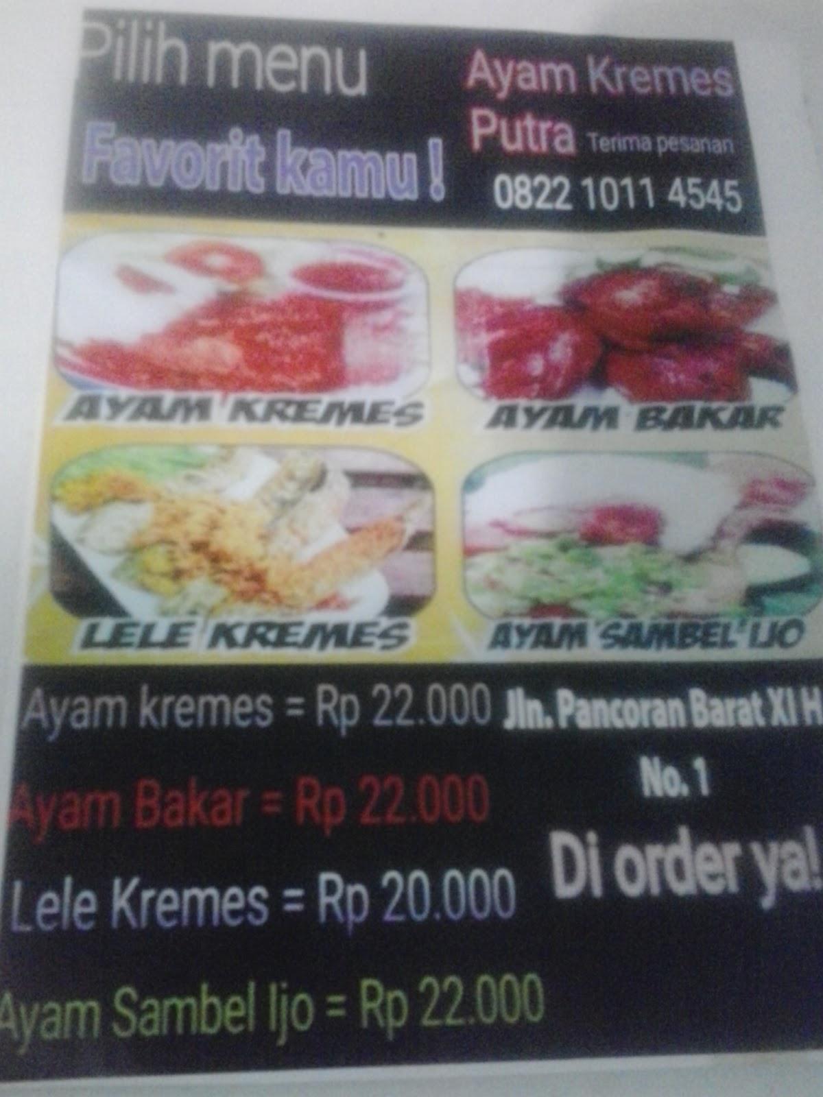 Menu at AYAM KREMES PUTRA restaurant, South Jakarta
