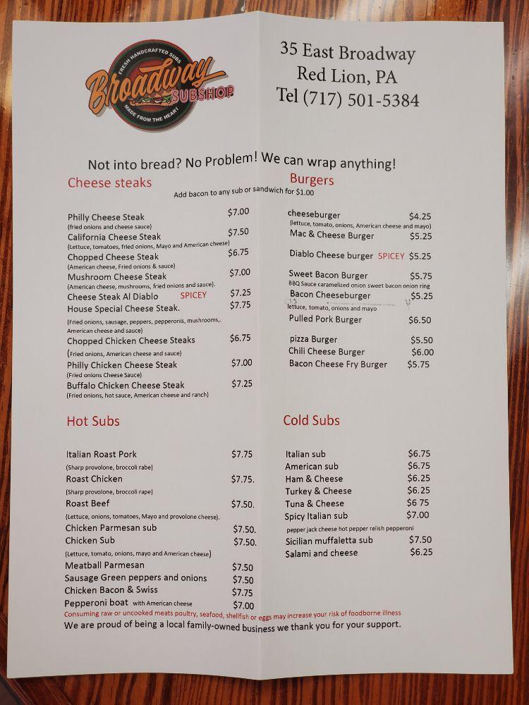 Menu at Broadway Subshop restaurant, Red Lion