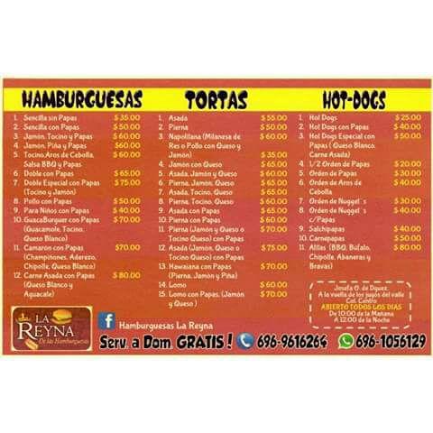 Menu at Hamburguesas la Reyna restaurant, La Cruz