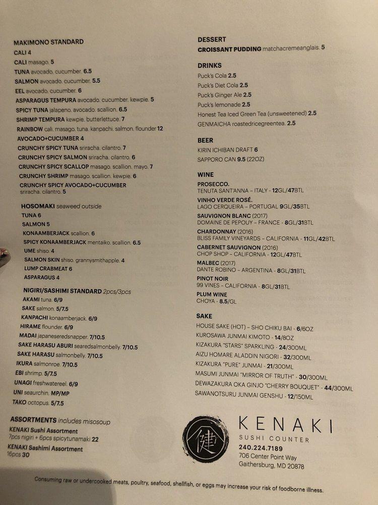 Carta del restaurante KENAKI Sushi Counter, Gaithersburg