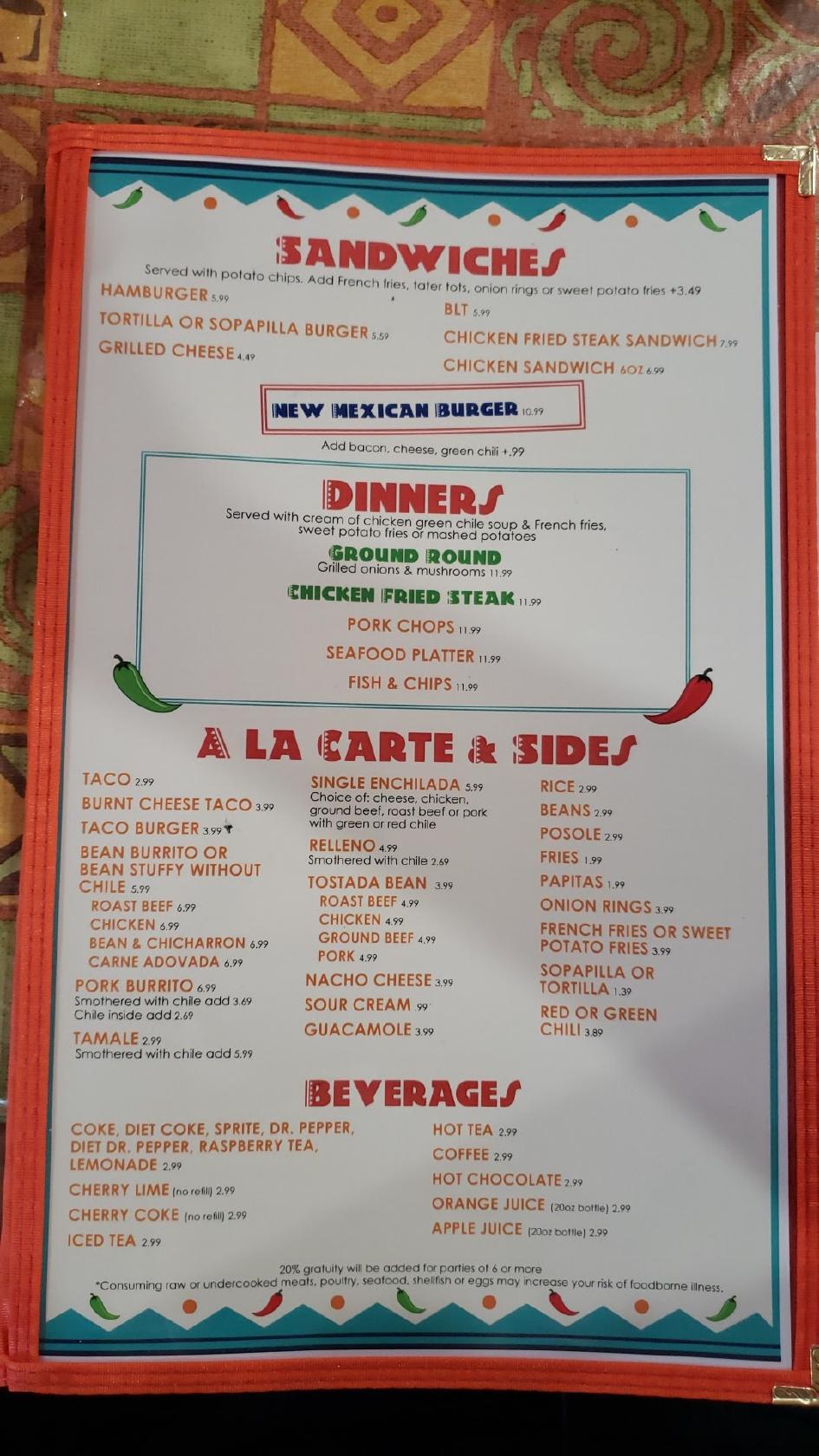 Menu at Kocina De Raphael restaurant, Las Vegas