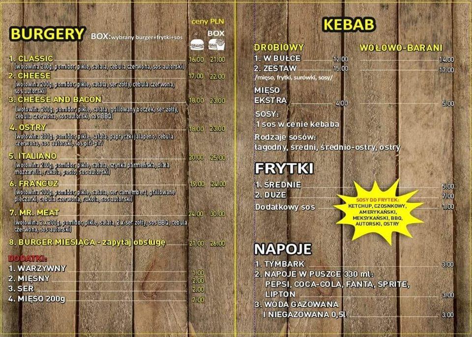 Menu at Mr. Meat restaurant, Kraków