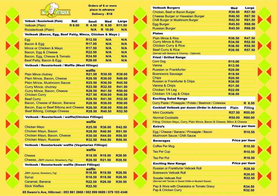 Menu at Mr Vetkoek restaurant, Kimberley