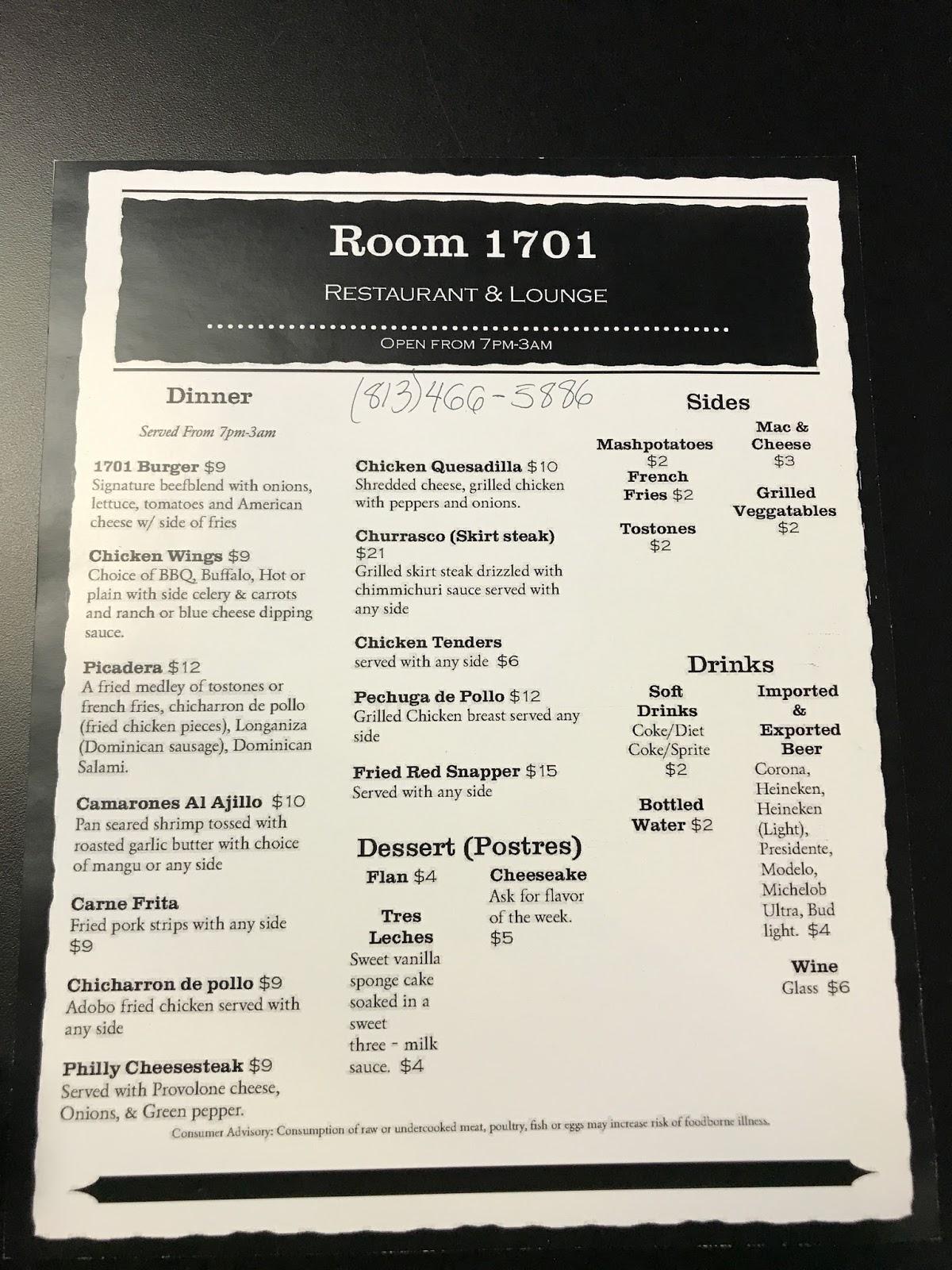 Menu at Room 1701 Restaurant Lounge, Tampa
