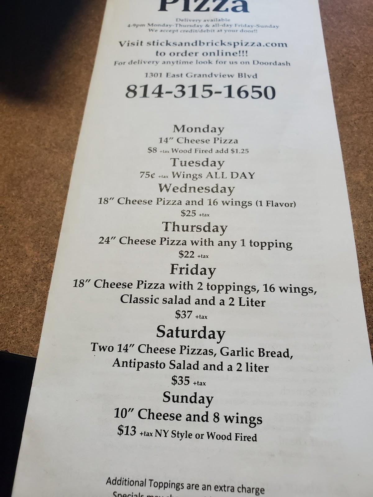 Menu at Sticks & Bricks Wood Fired Pizza pizzeria, Erie, E Grandview Blvd
