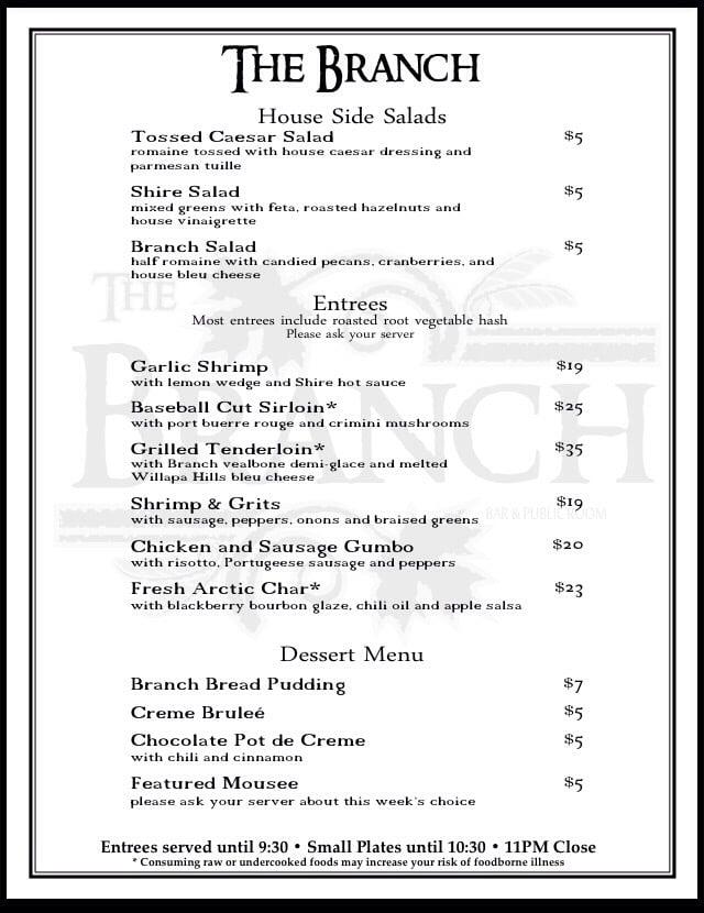 Menu at The Branch Bar & Public Room, Centralia