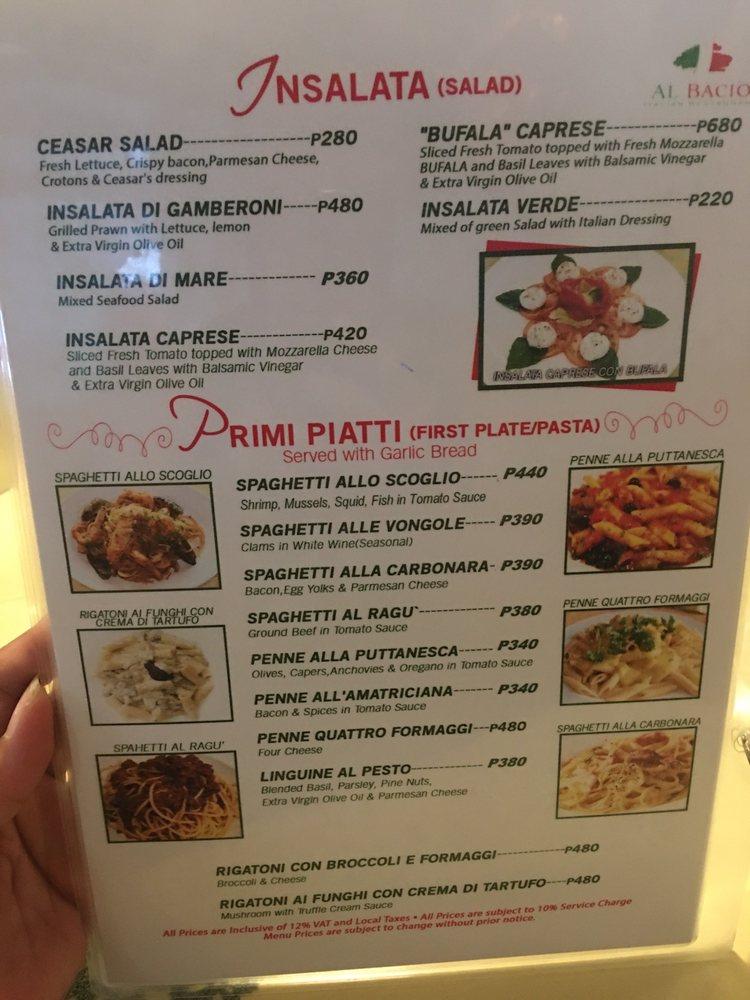 Menu at Al Bacio Italian Restaurant - Angeles City, Angeles