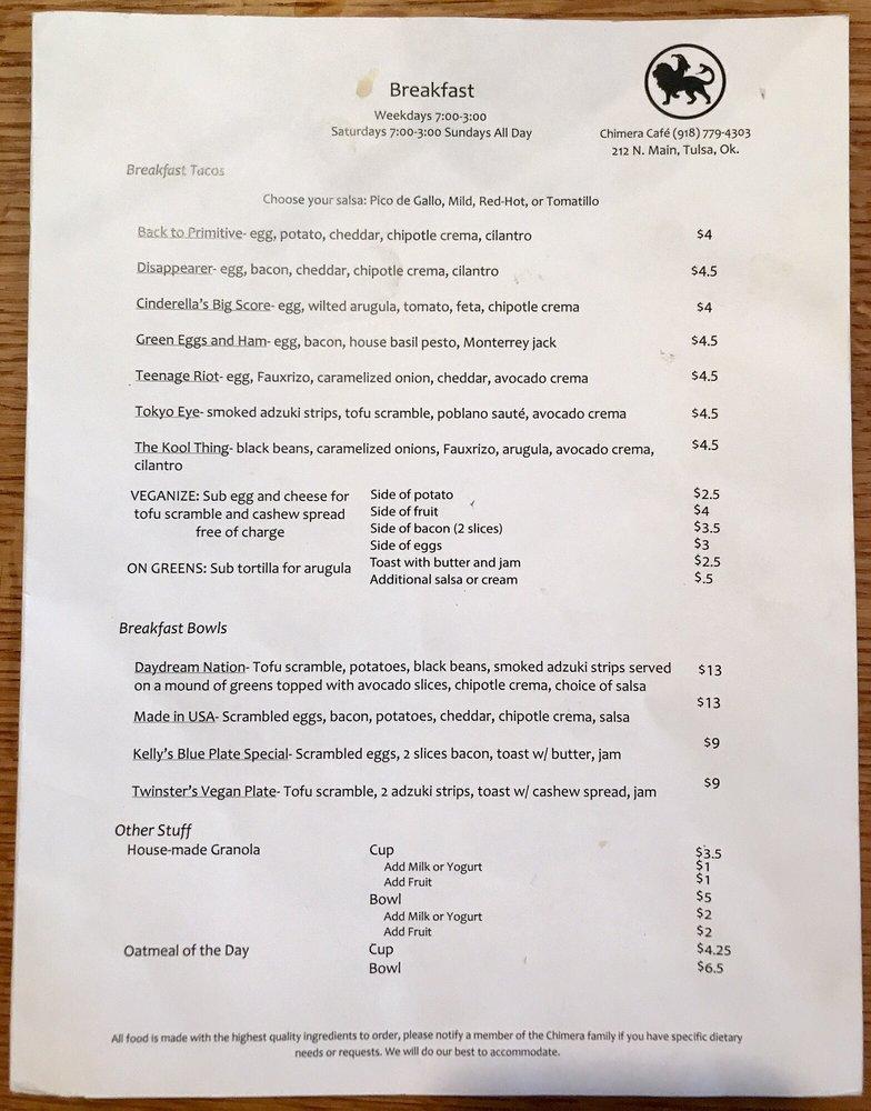 Menu at Chimera Cafe, Tulsa