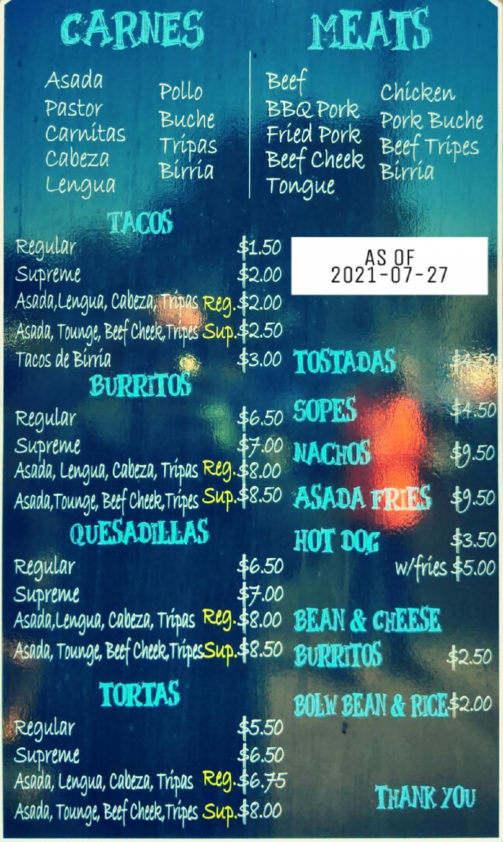 Menu at Hidalgo Taco Truck restaurant, Merced