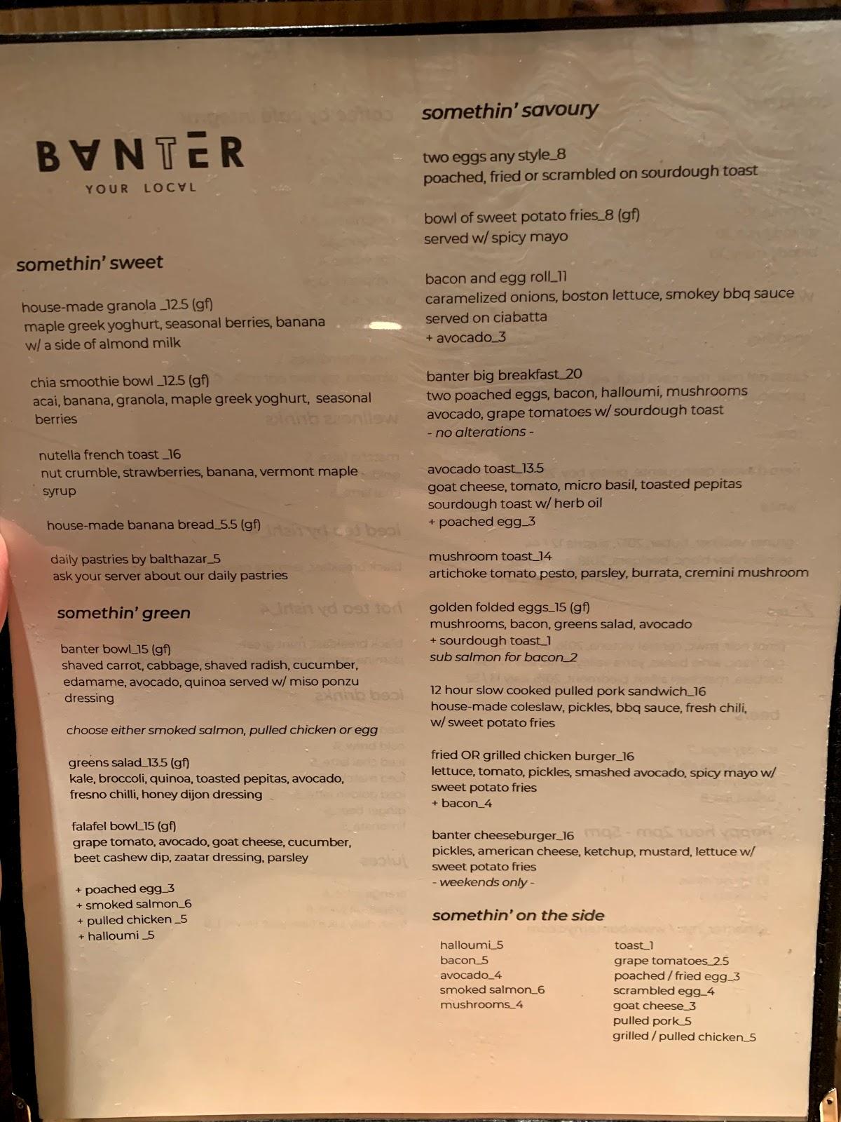 Menu at Banter NYC cafe, New York City, 169 Sullivan St