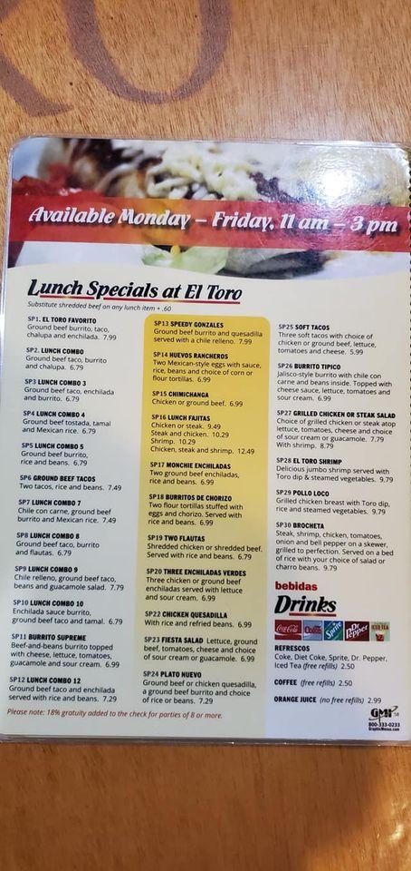 Menu at El Toro Mexican Restaurant, Gulf Shores, Gulf Shores Pkwy