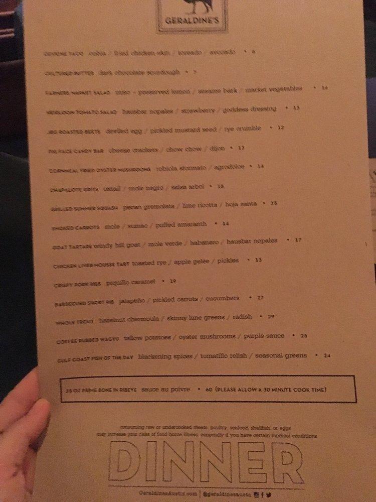 Menu at Geraldine's pub & bar, Austin