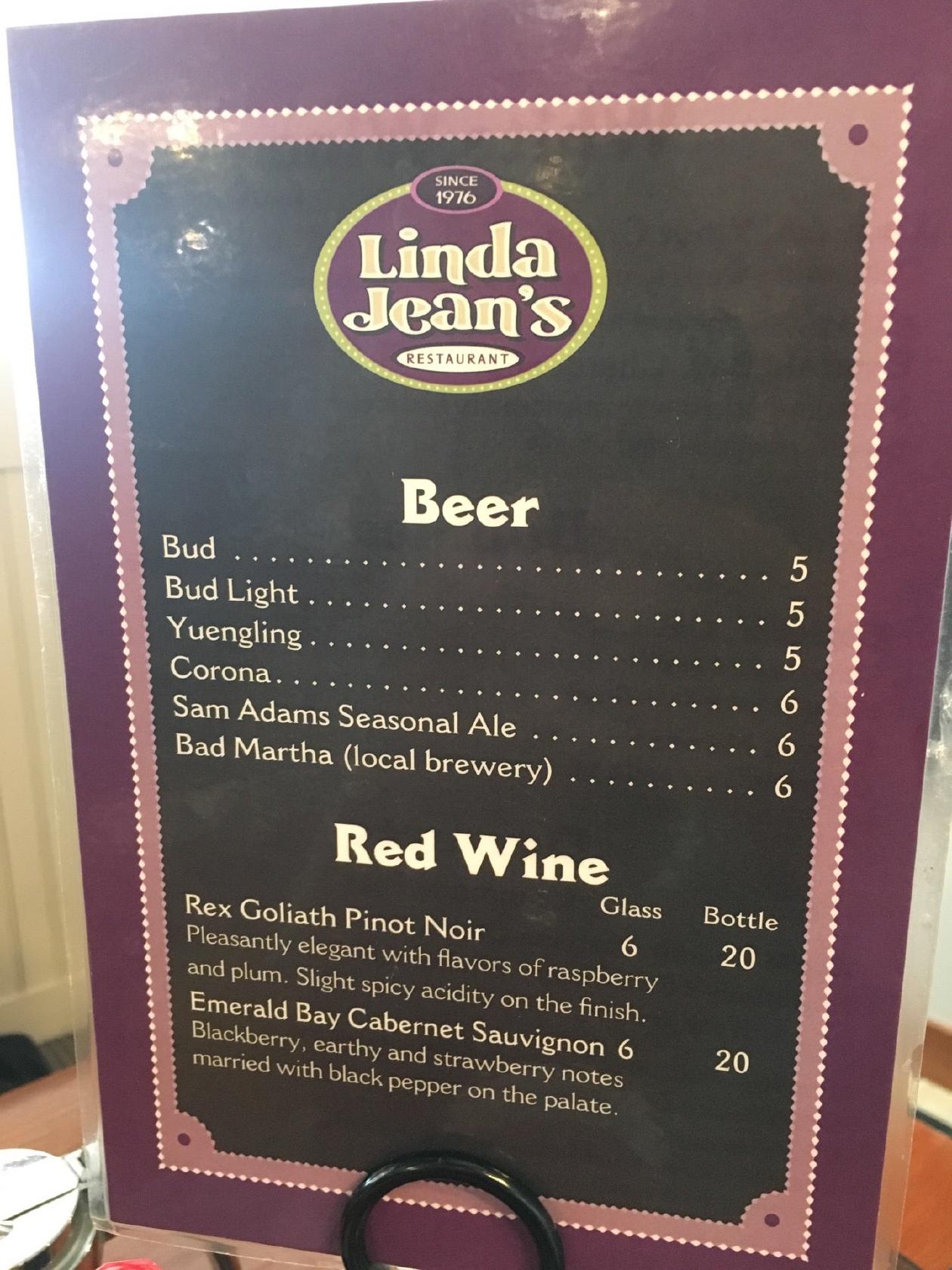 Menu at Linda Jean's Restaurant, Oak Bluffs