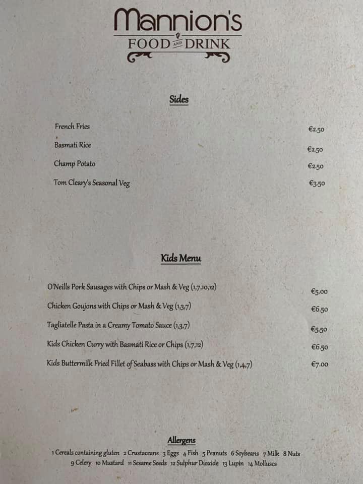 Menu at Mannion's Pub, New Ross