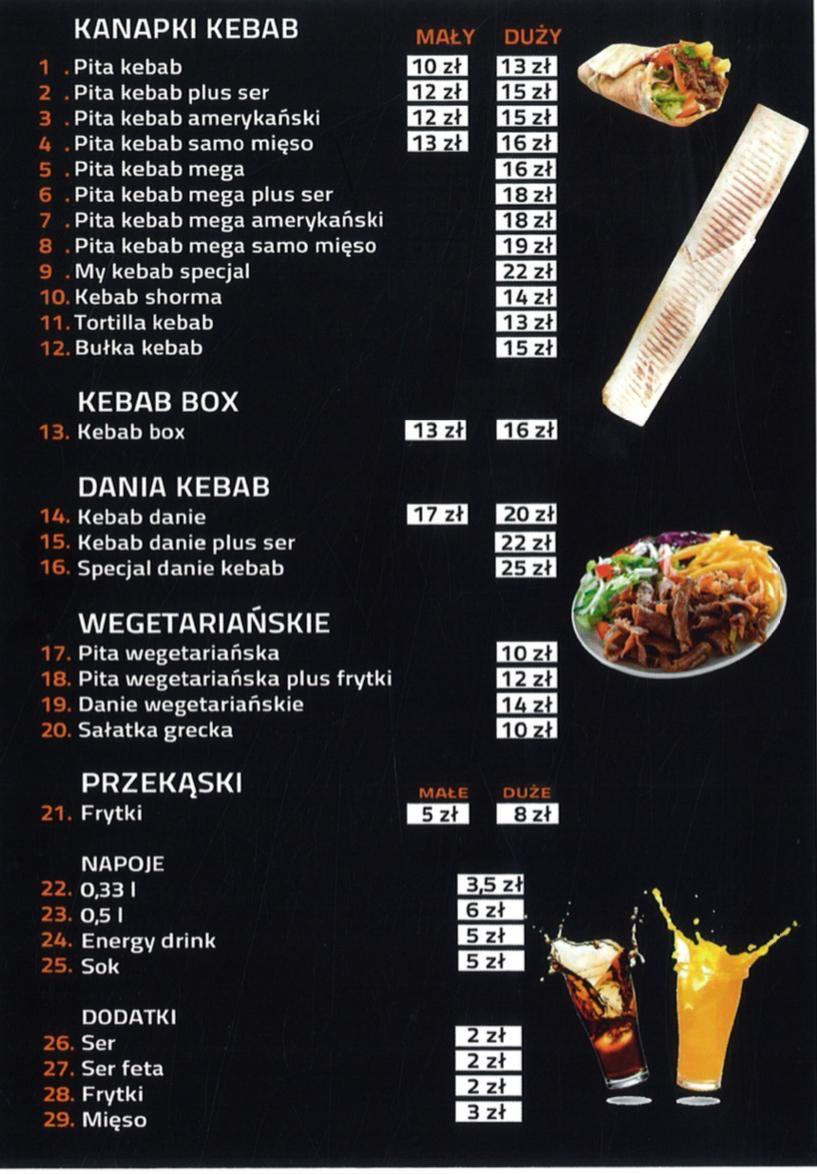 Menu at My Kebab restaurant, Lublin
