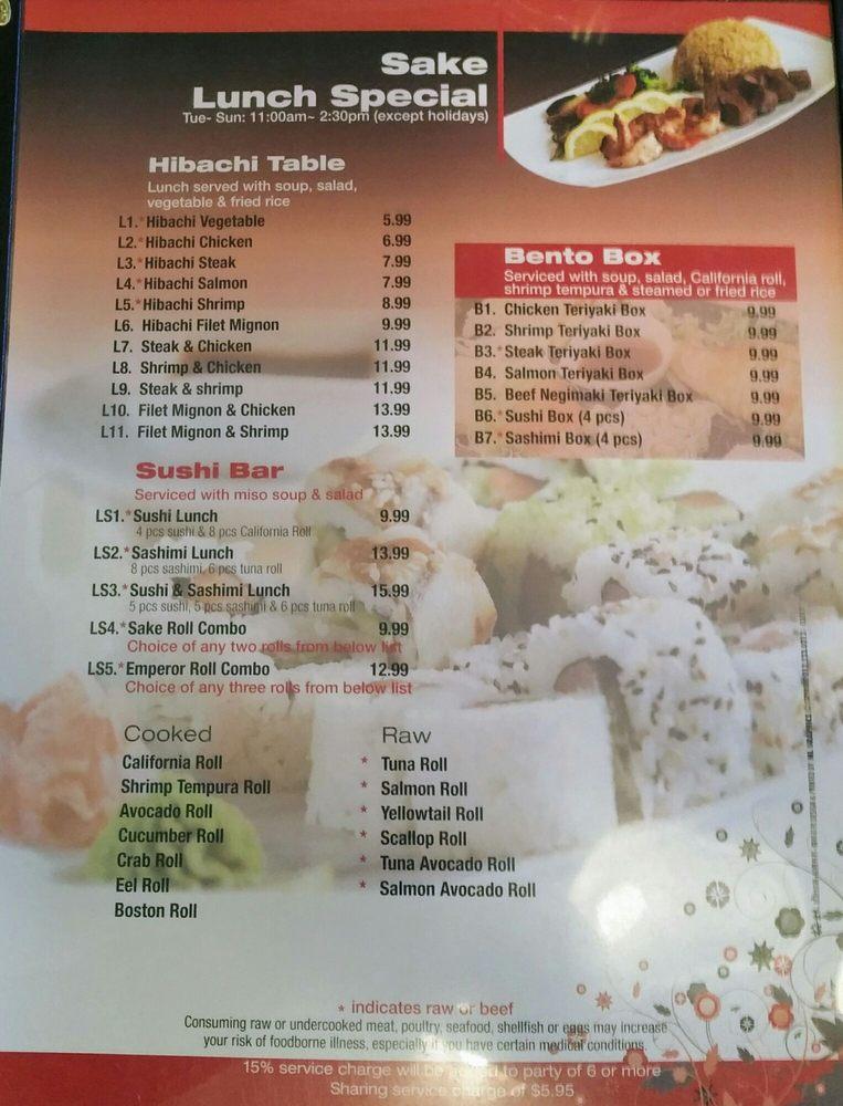 Menu at Sake Hibachi Sushi & Bar, New Bern
