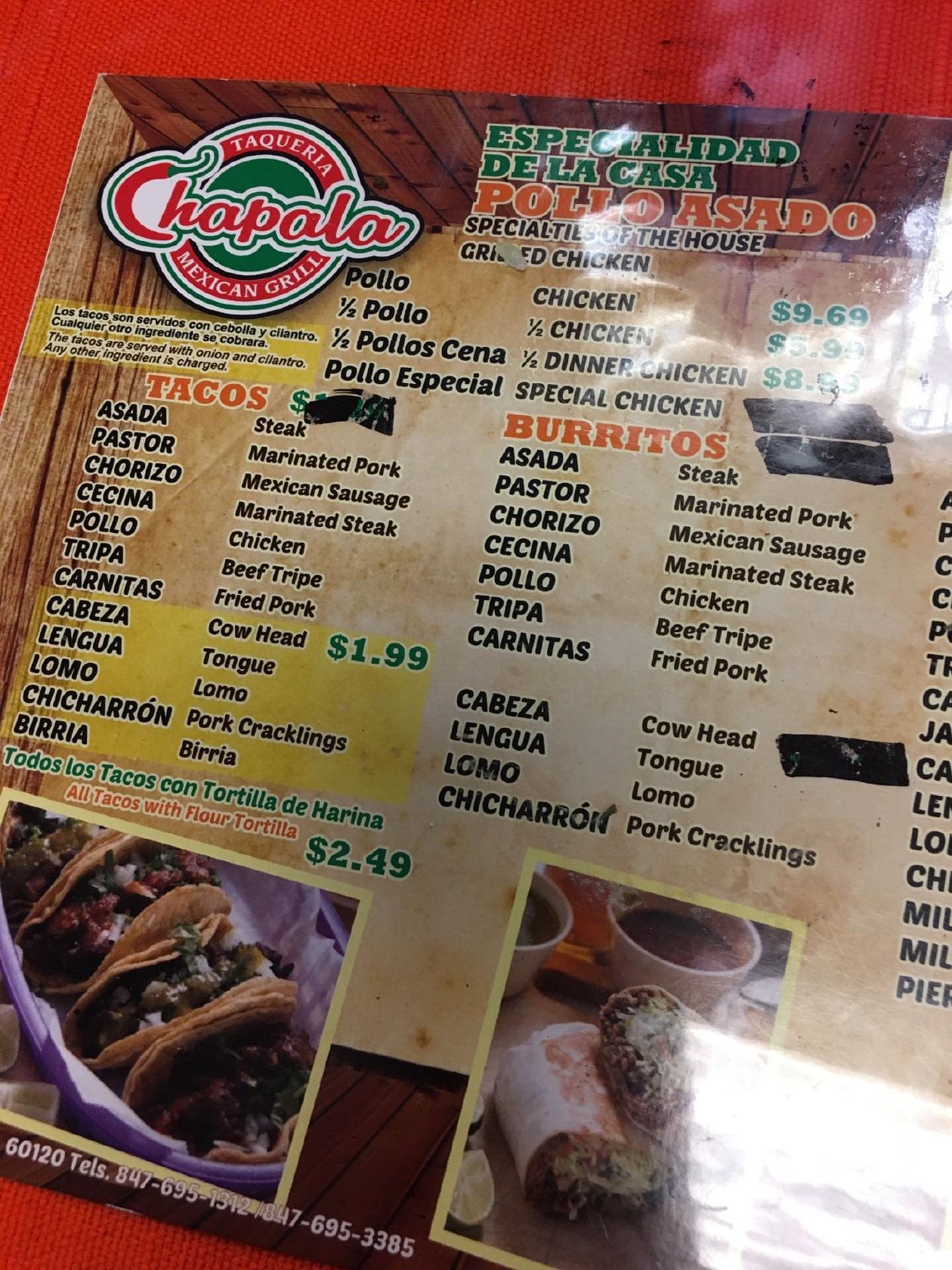 Menu at Taqueria Chapala restaurant, Elgin
