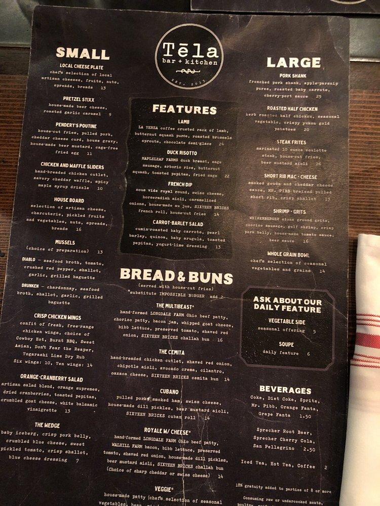 Menu at Tēla Bar + Kitchen, Cincinnati