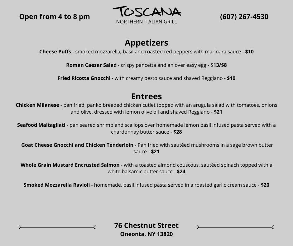 Menu at Toscana Northern Italian Grill restaurant, Oneonta