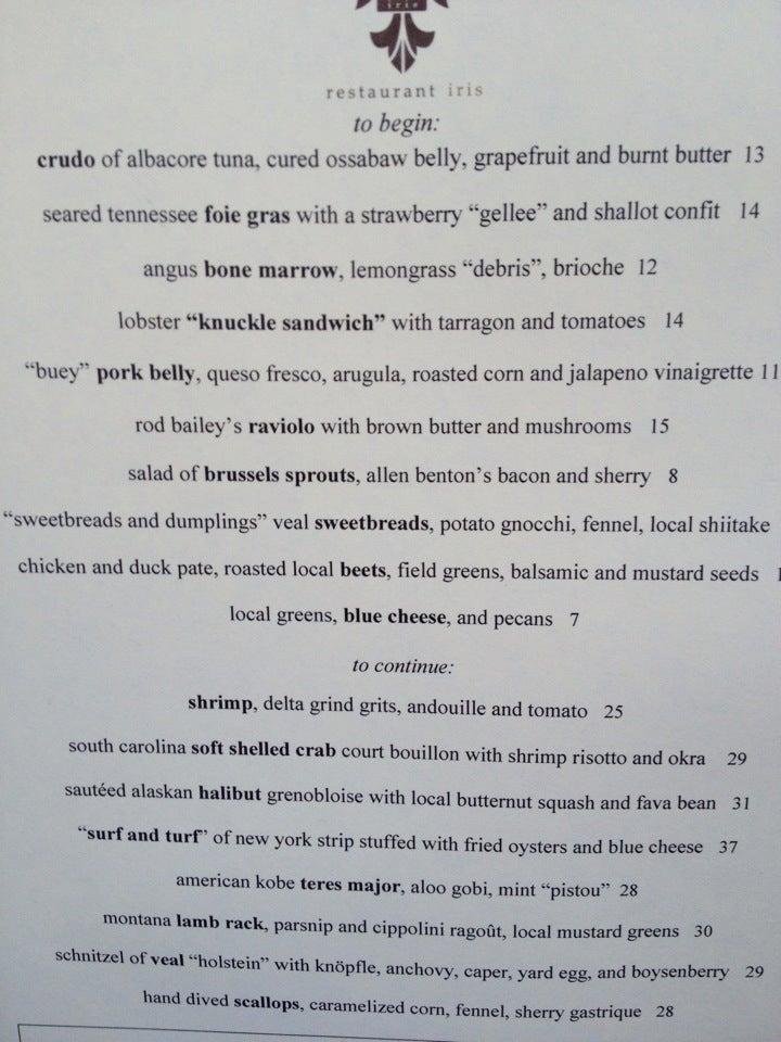 Menu at Chef Kelly English, restaurant, Memphis