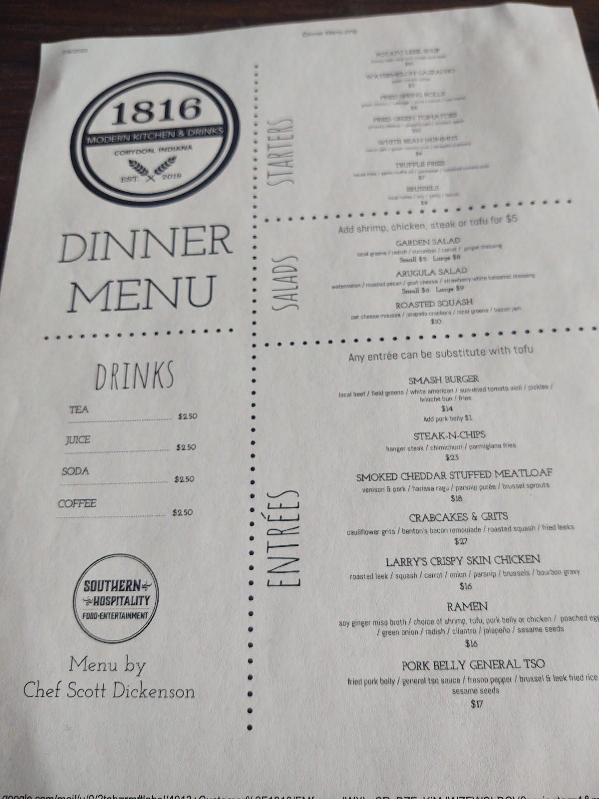 Menu at 1816 Modern Kitchen & Drinks restaurant, Corydon