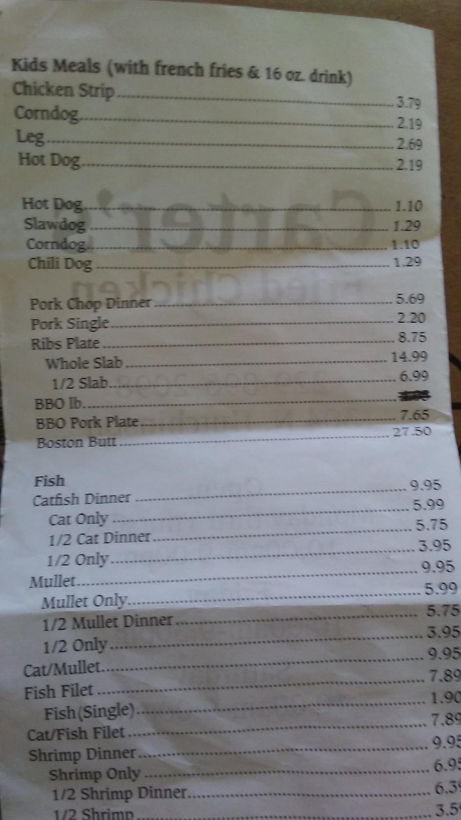 Menu at Carter's Fried Chicken restaurant, Adel