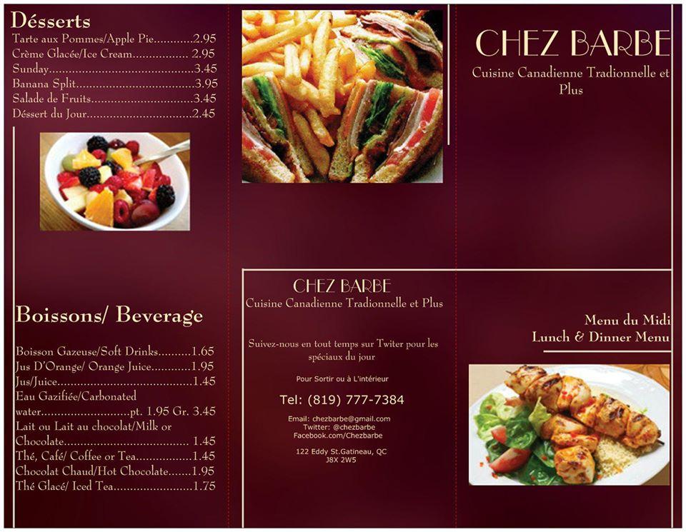 Menu at Chez Barbe, Gatineau