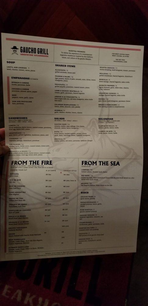 Menu at Gaucho Grill steakhouse, West Covina