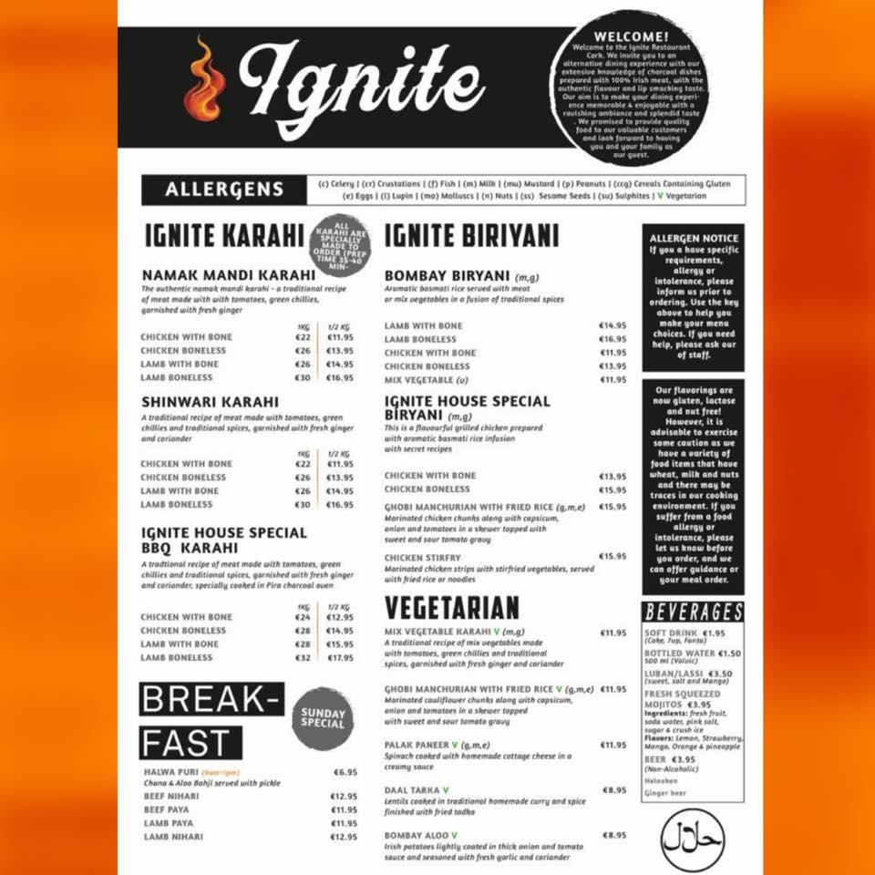 Menu at Ignite Charcoal Grill restaurant, Cork