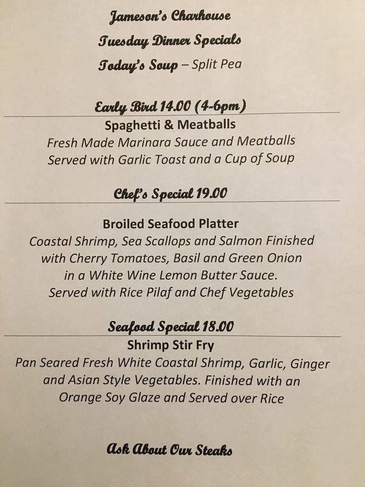 Menu at Jameson's Charhouse steakhouse, Bluffton