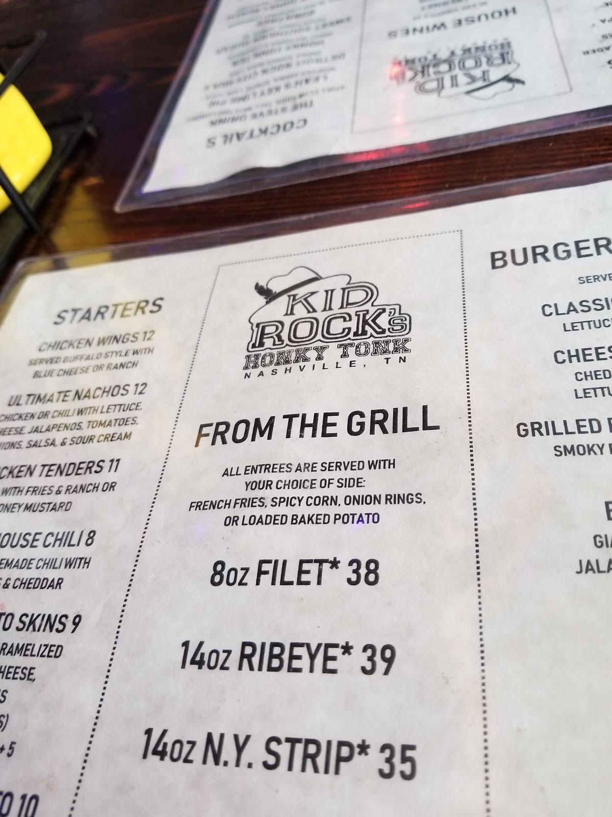 Menu at Kid Rock's Big Ass Honky Tonk Rock N' Roll Steakhouse, Nashville