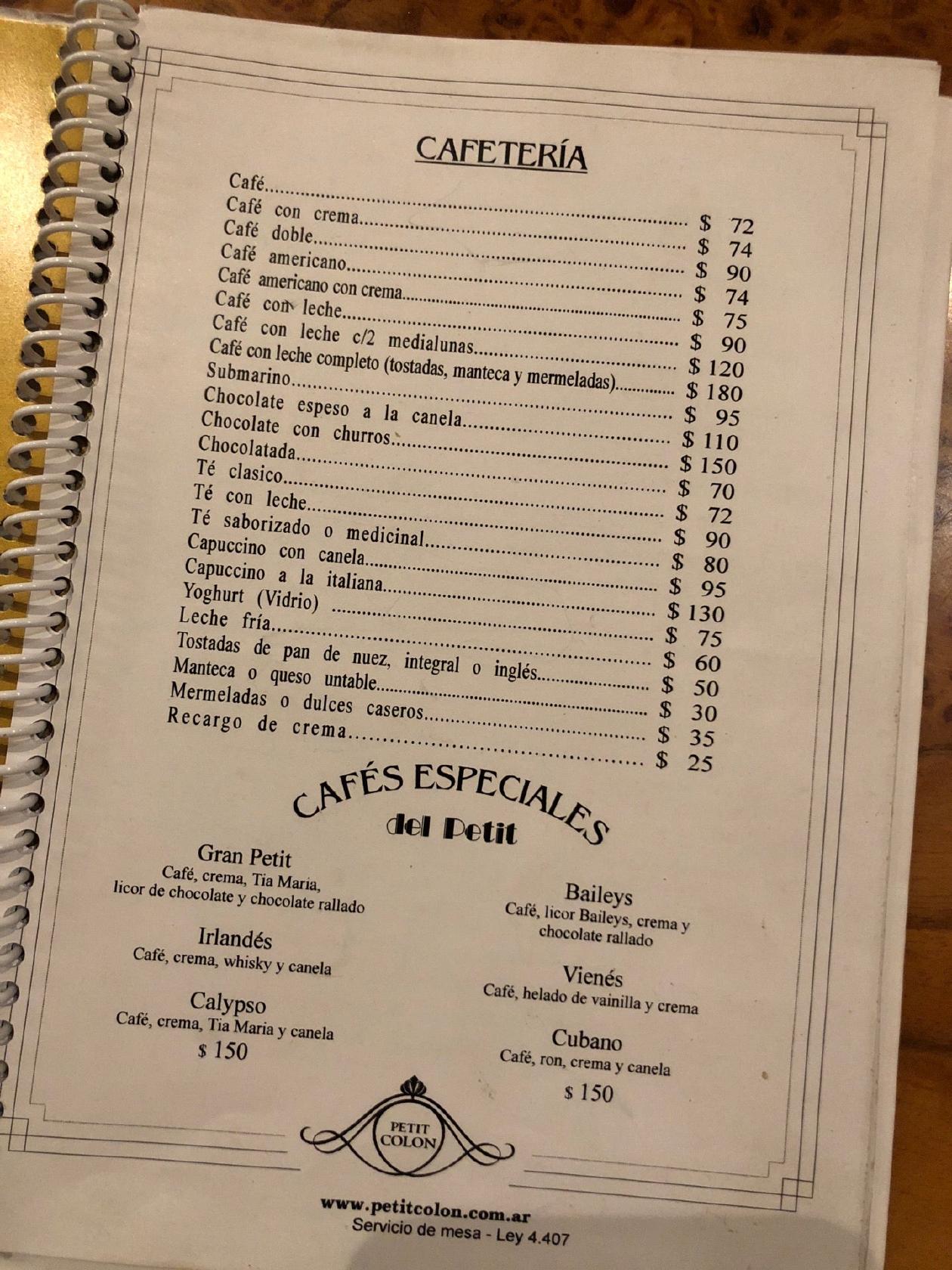 Carta del pub y bar Petit Colon, Buenos Aires