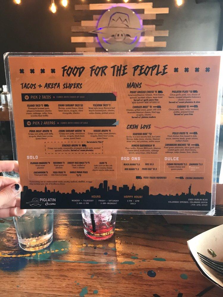 Menu at Piglatin Cocina pub & bar, Colorado Springs