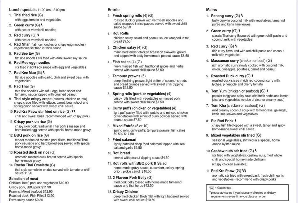 Menu at Racha Thai Restaurant, Hamilton