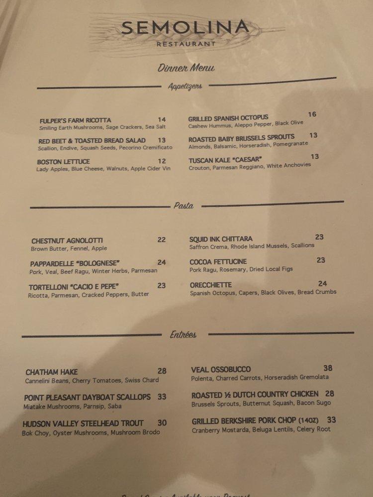 Menu at Semolina Restaurant, Red Bank