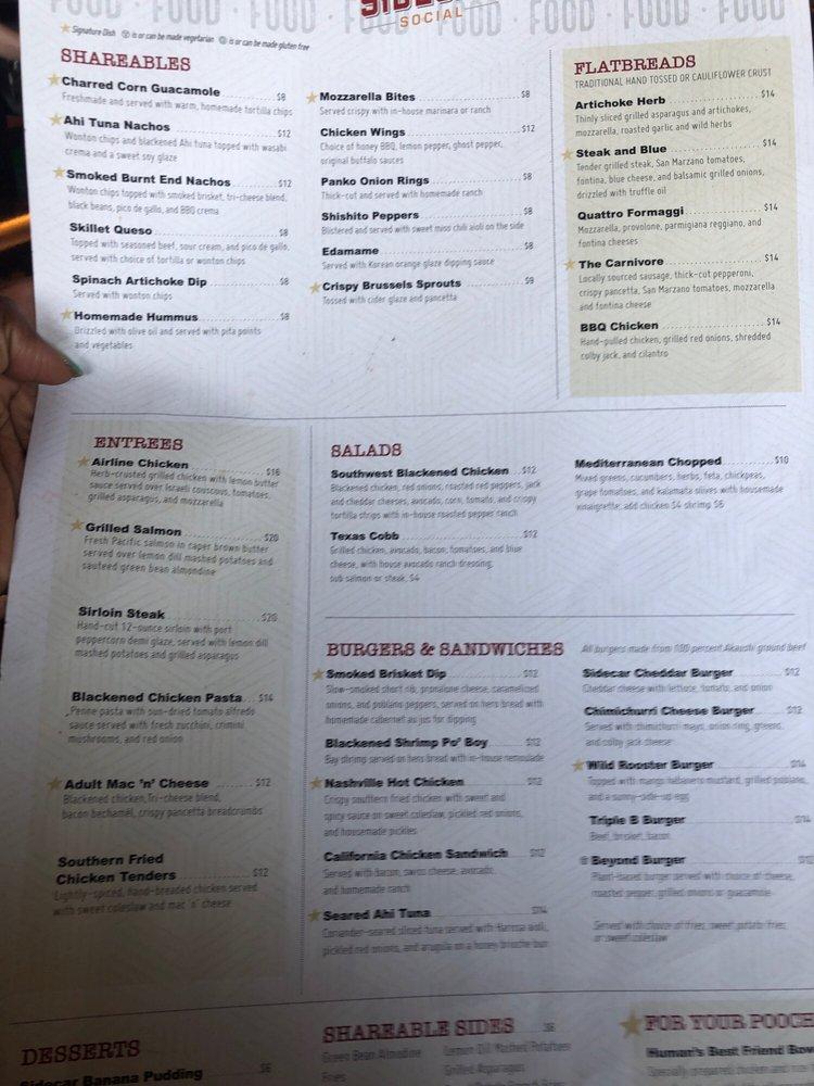 Carta del pub y bar Sidecar Social Addison, Dallas