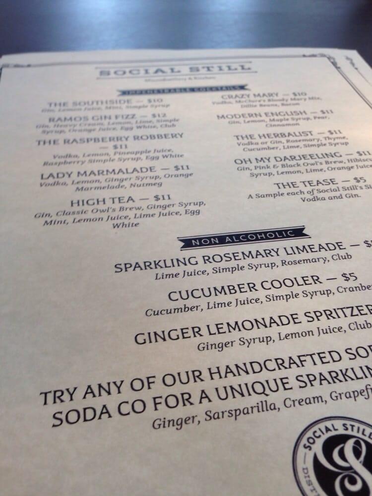Menu at Social Still Distillery pub & bar, Bethlehem