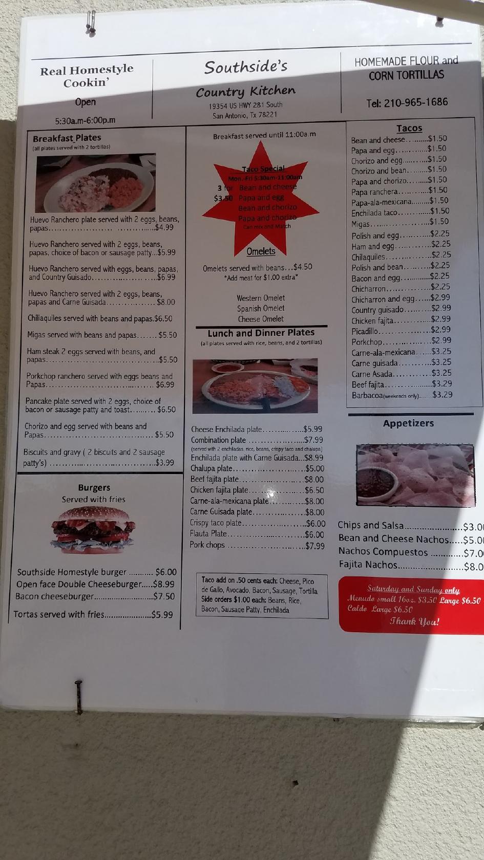 Menu at Southside's Country Kitchen restaurant, San Antonio