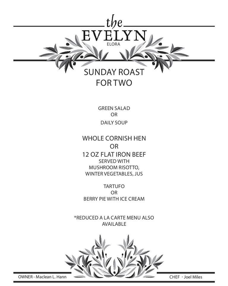 Menu at The Evelyn restaurant, Elora