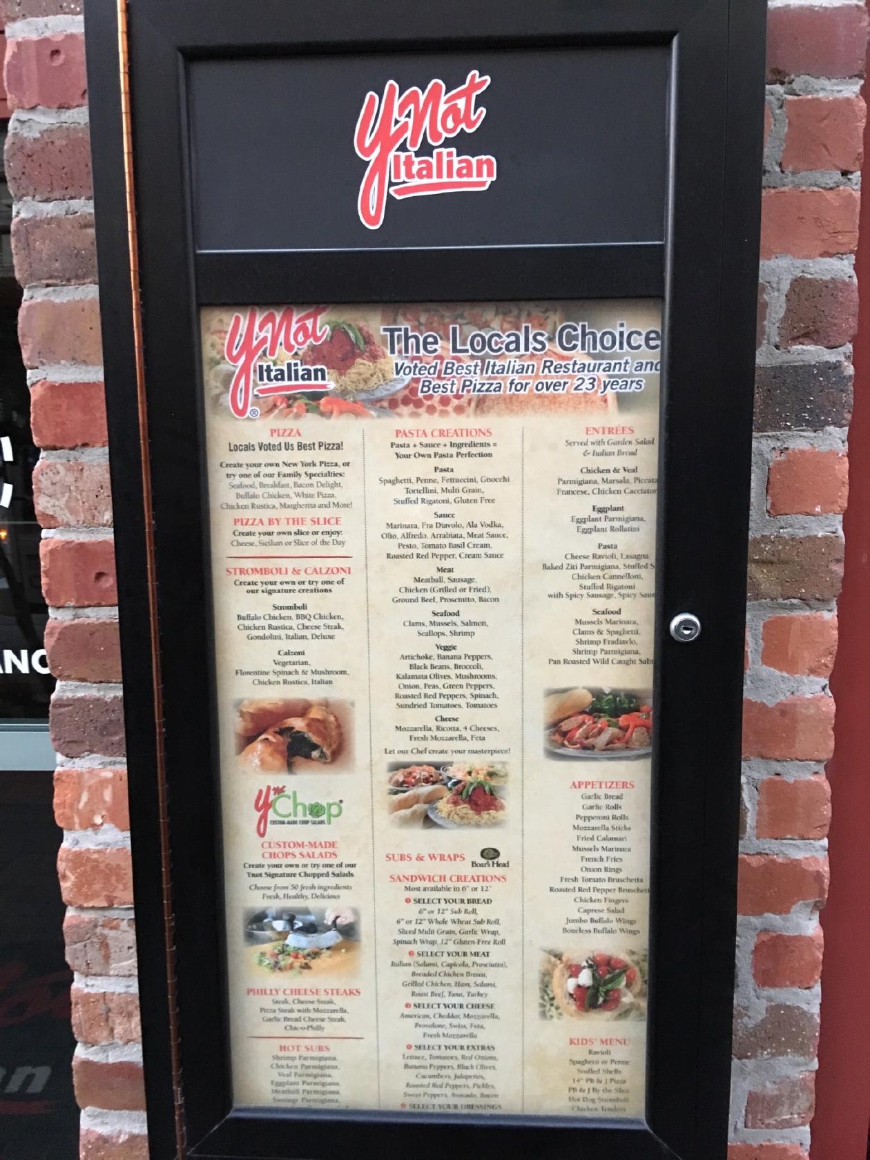 Menu at Ynot Italian pizzeria, Virginia Beach, Atlantic Ave