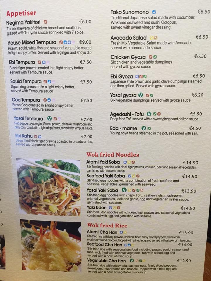 Menu at Atami restaurant, Dundalk, 19 Park St