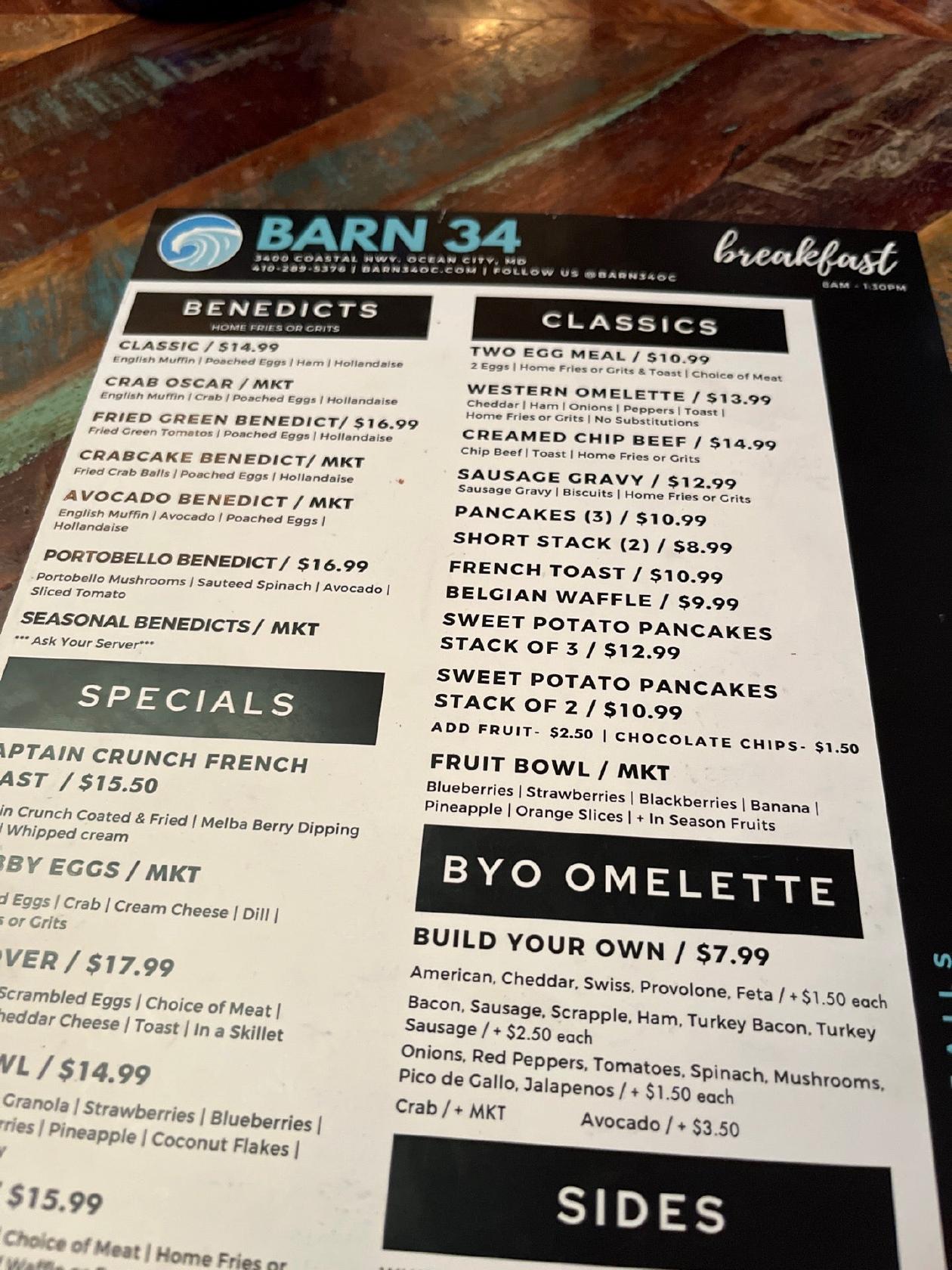 Menu at Barn 34, Ocean City